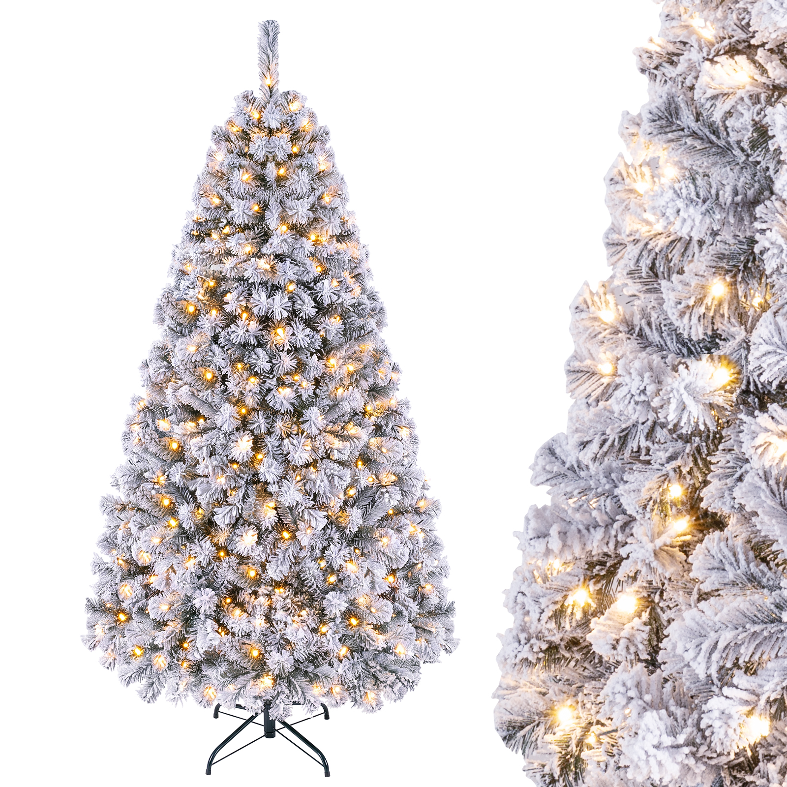 Pre-Lit Snow Flocked Christmas Tree Hinged w/LED Lights & Solid Metal ...