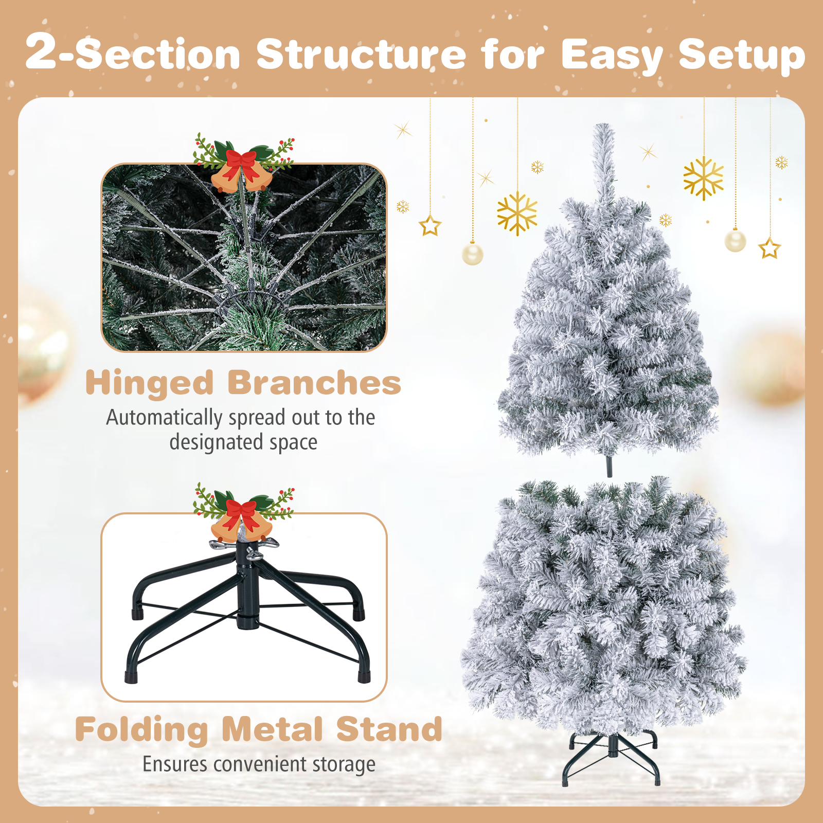 Pre-Lit Snow Flocked Christmas Tree Hinged w/LED Lights & Solid Metal ...